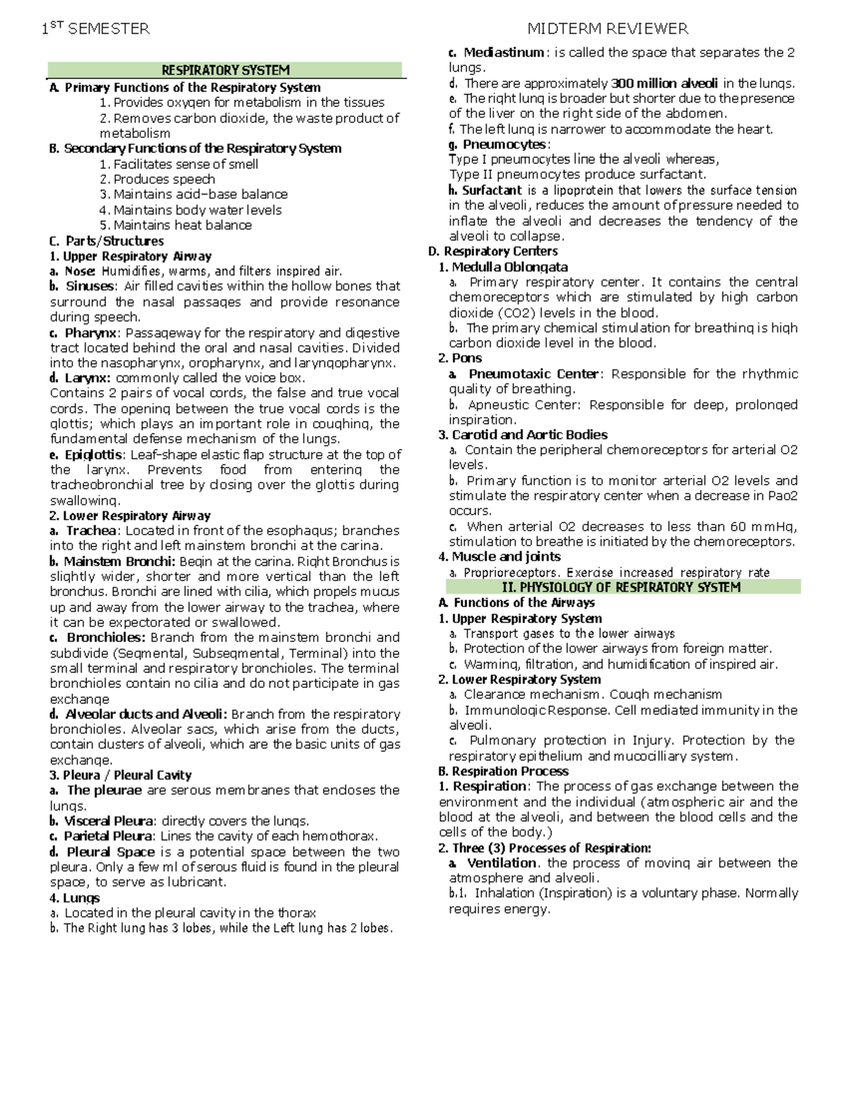 NCM 118 LEC Midterm Review: Respiratory System Overview - Studocu