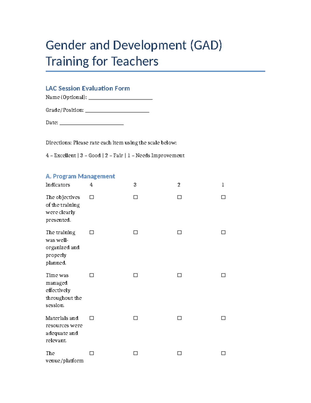 GAD LAC Session Teacher Training Evaluation Form - Studocu