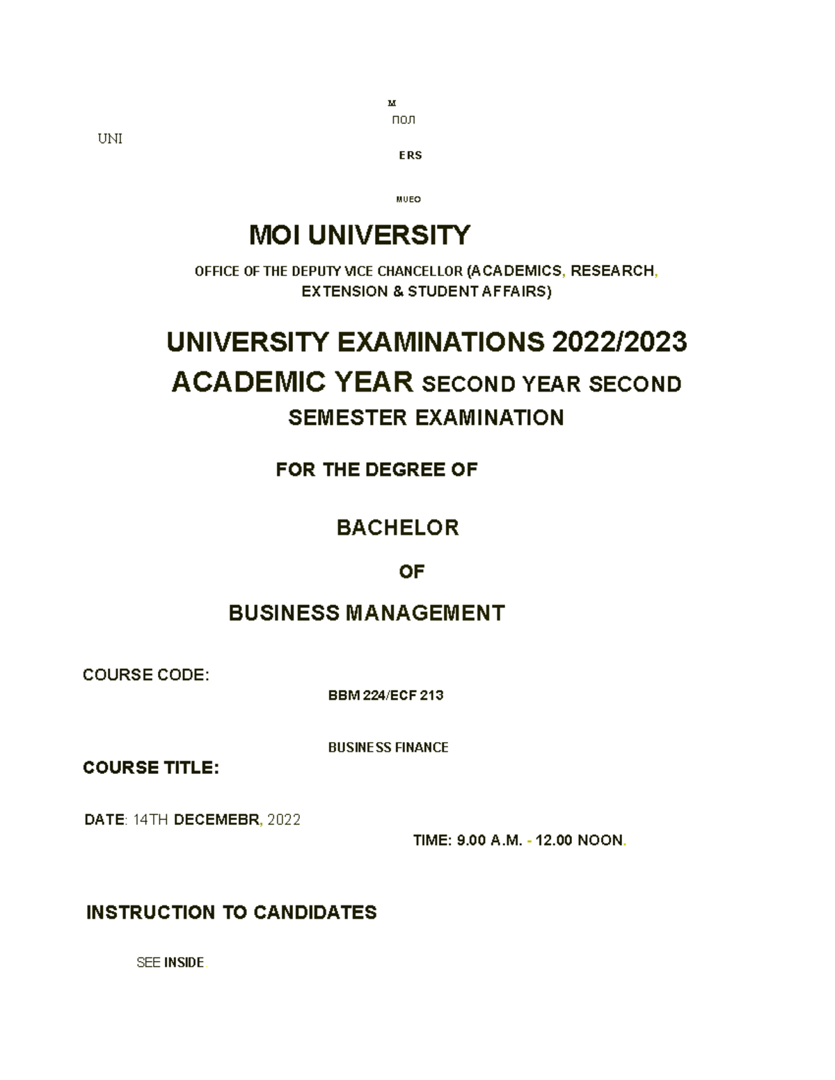 BBM 224 - Business Finance - 14th December, 2022 - M пол UNI ERS MUEO MOI UNIVERSITY OFFICE OF ...