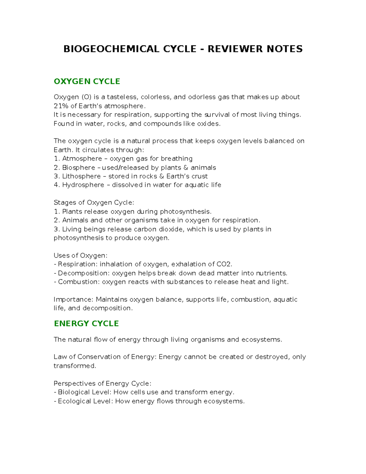 BIO 101: Biogeochemical Cycle Reviewer Notes on Oxygen & Energy Cycles ...