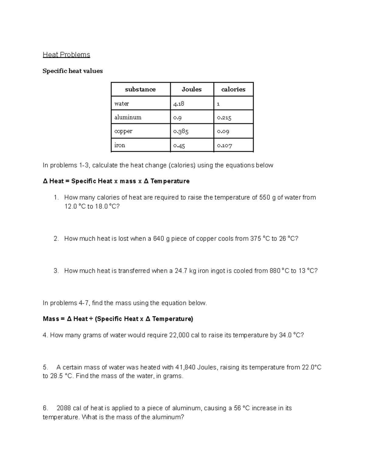 Specific Heat Problems (PHYS 101): Heat Transfer Calculations - Studocu