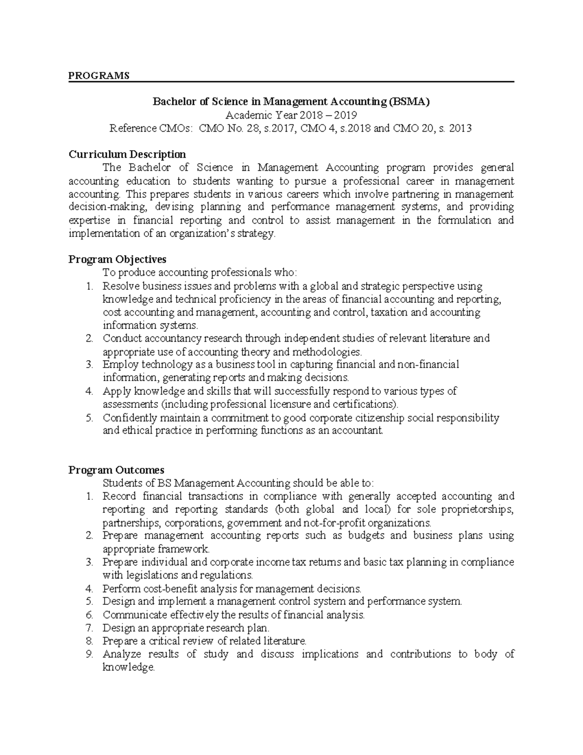 Bachelor of Science in Management Accounting (BSMA) Curriculum Overview ...