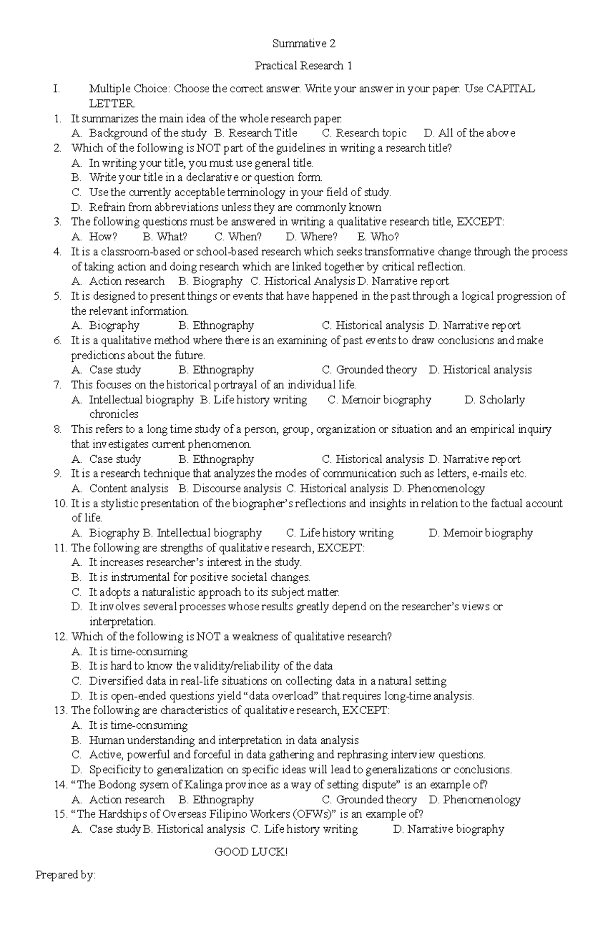 Practical Research 1 Summative 2 MCQ Study Guide - Studocu