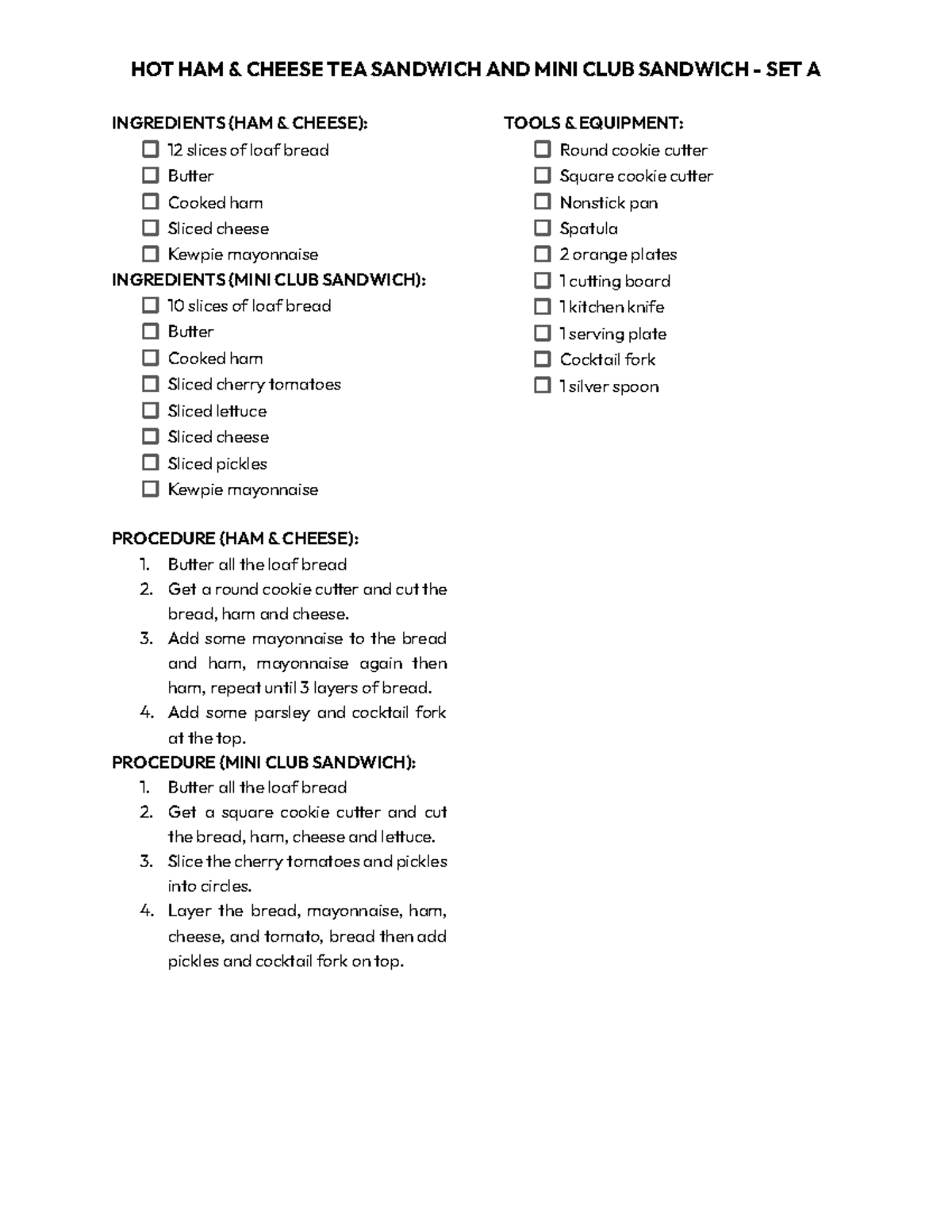 Cookery 101: Tea Sandwiches & Mini Club Sandwich Recipe - Studocu