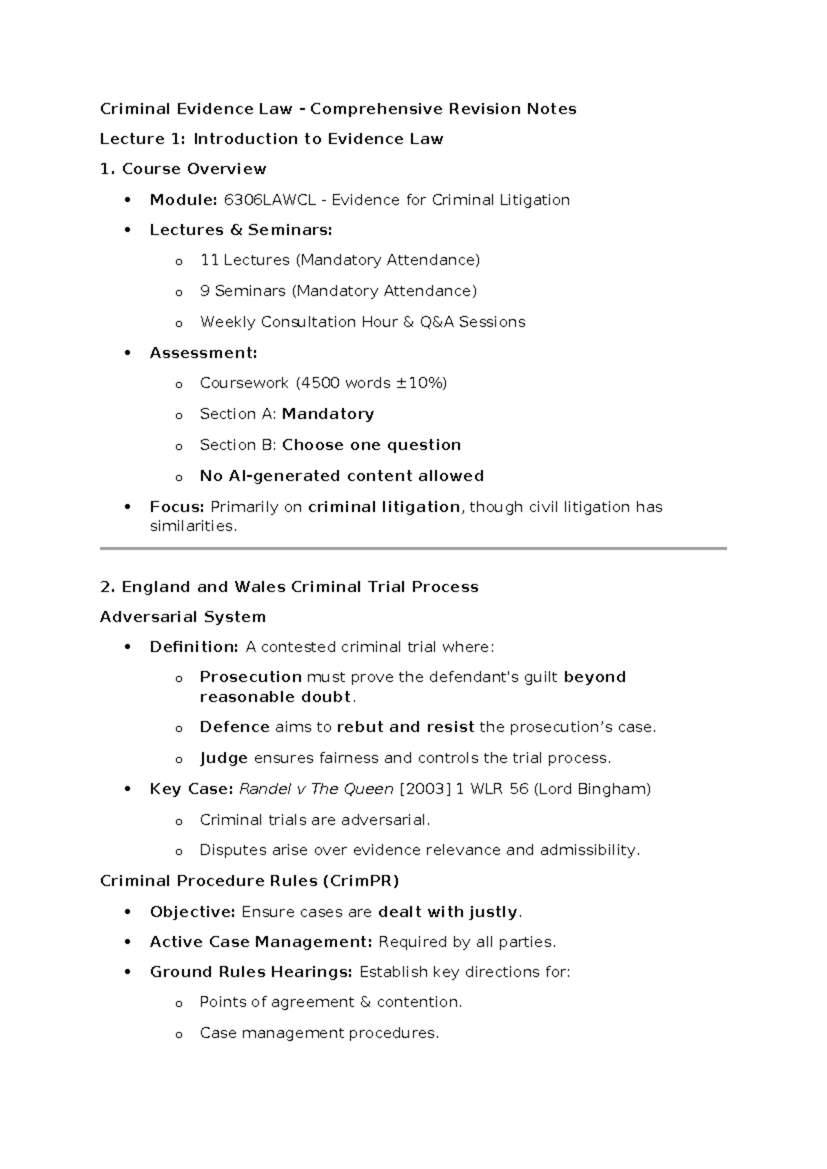 Criminal Evidence Law Revision Notes: Lecture 1 Overview (6306LAWCL ...