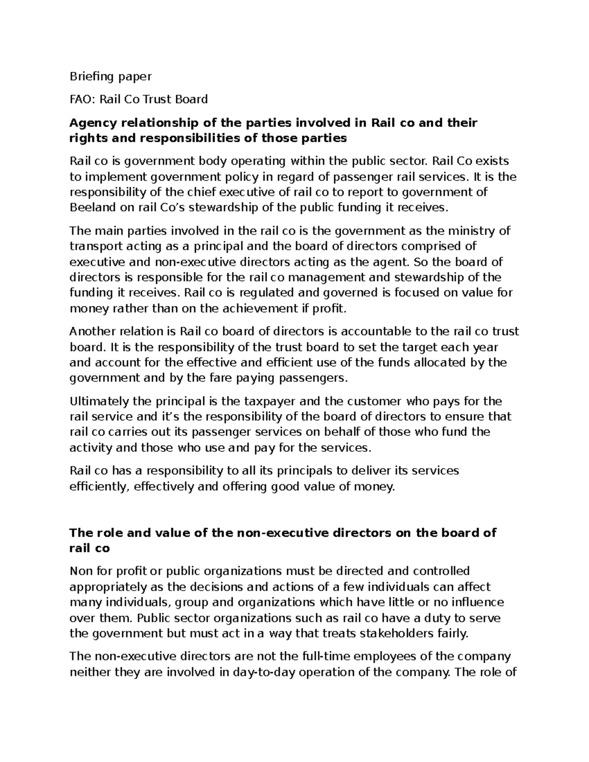 Briefing Paper FAO: Rail Co Trust Board - Agency Relationships & - Studocu