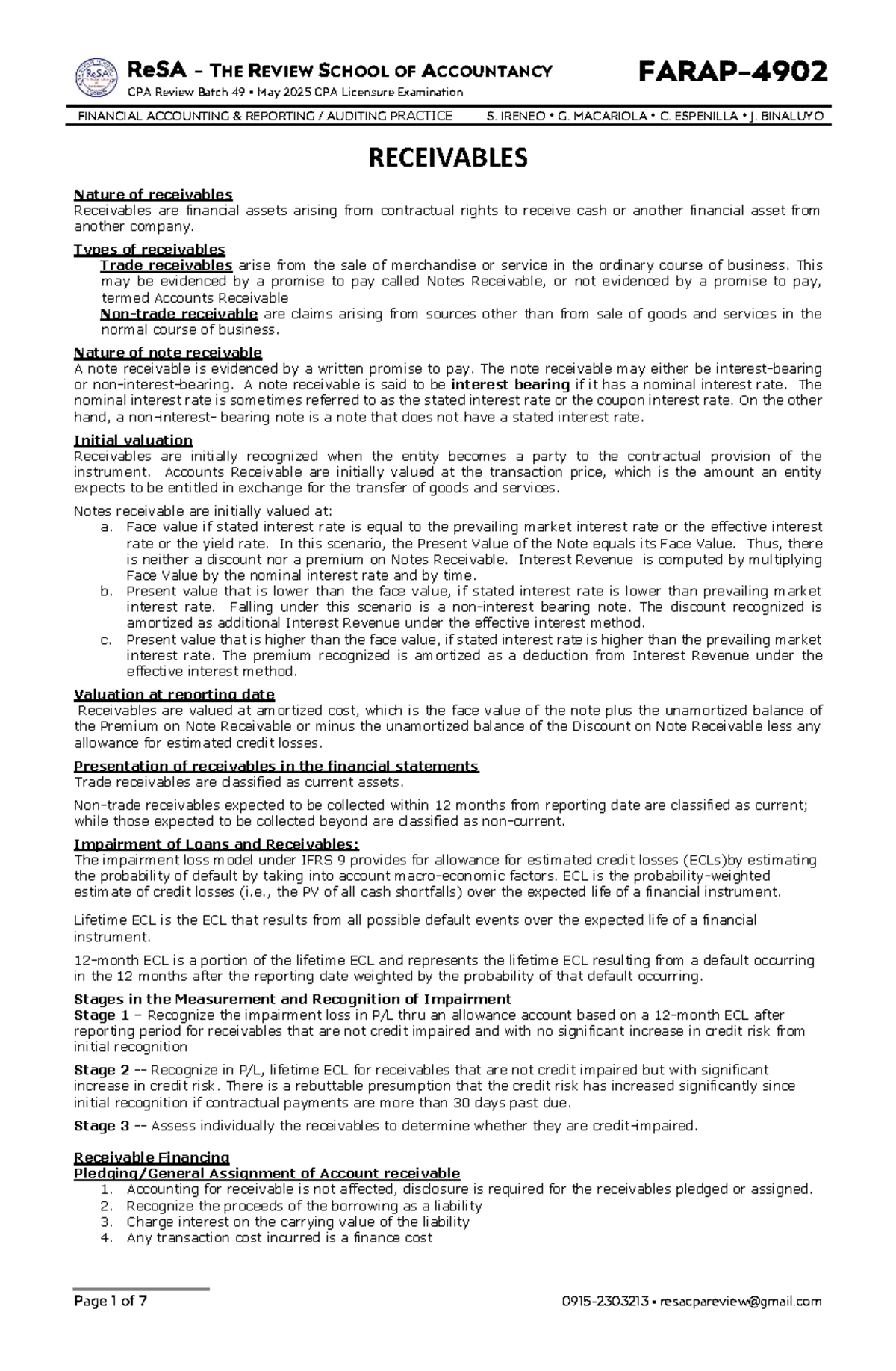 ReSA 4902 Receivables: Comprehensive Guide for CPA Review Batch 49 ...