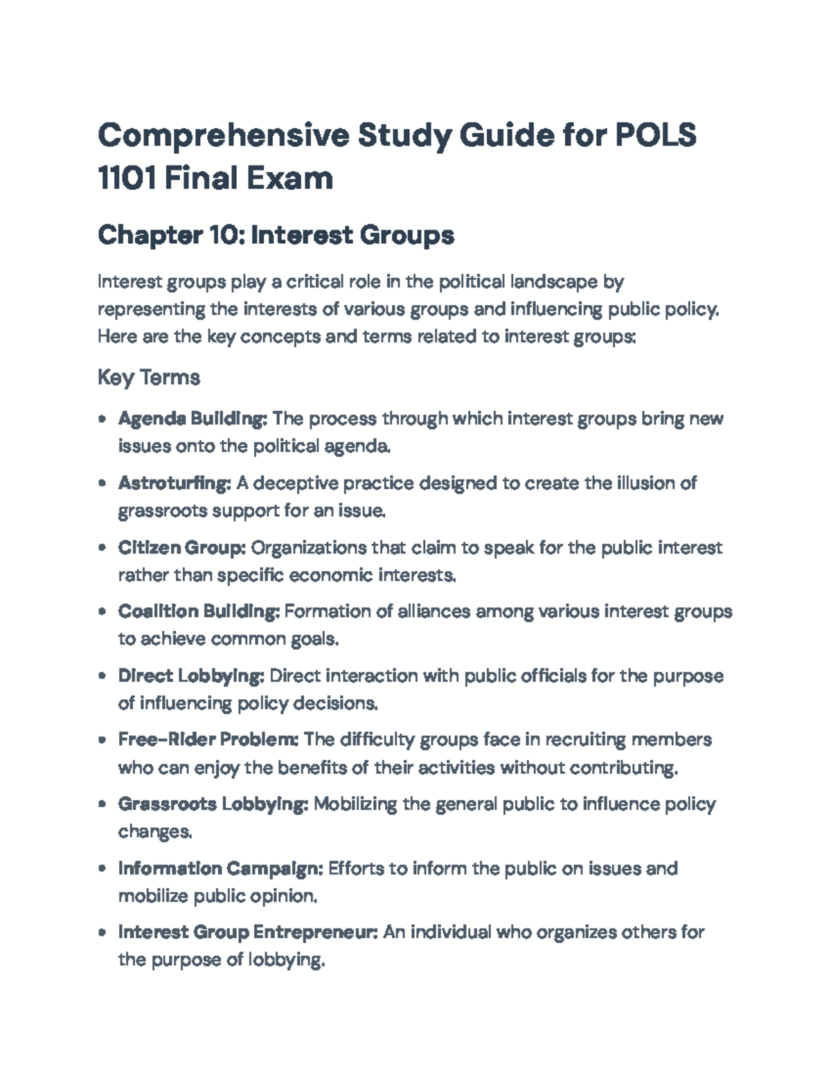 Comprehensive Study Guide for POLS 1101: Final Exam Overview ...