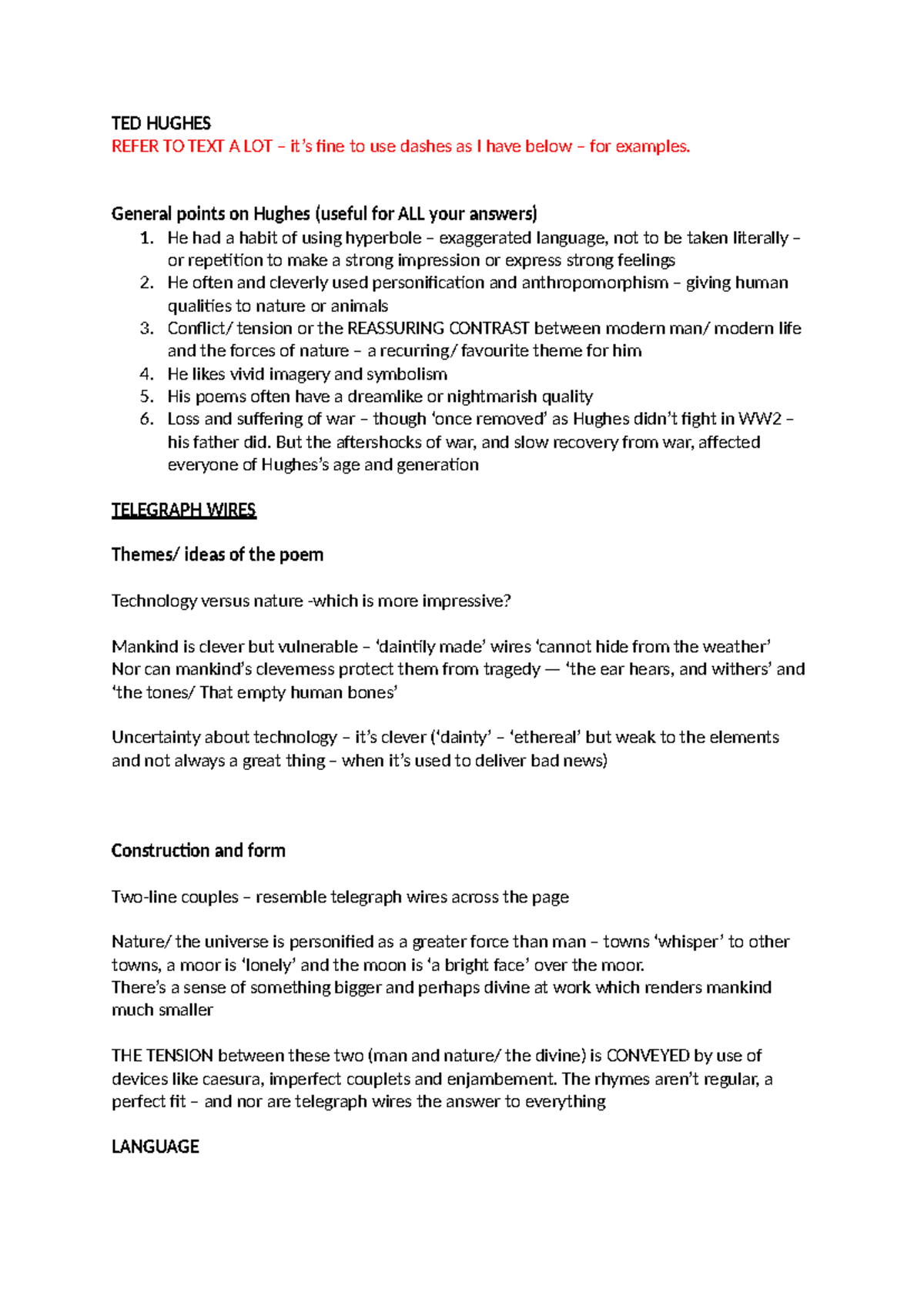 Telegraph Wires - Study Notes on Ted Hughes' Poetry Analysis - Studocu