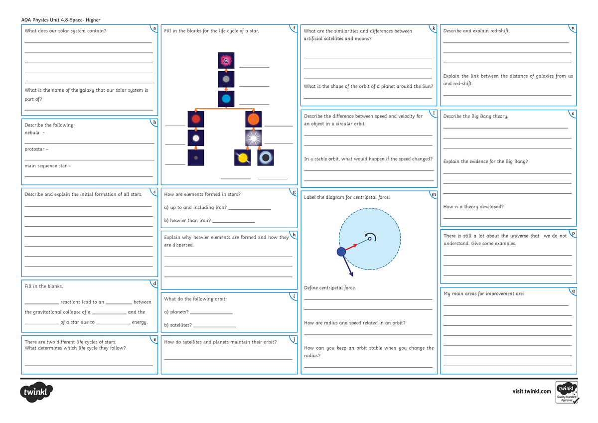 8. AQA GCSE Physics Space Revision Mat - AQA Physics Unit 4-Space ...