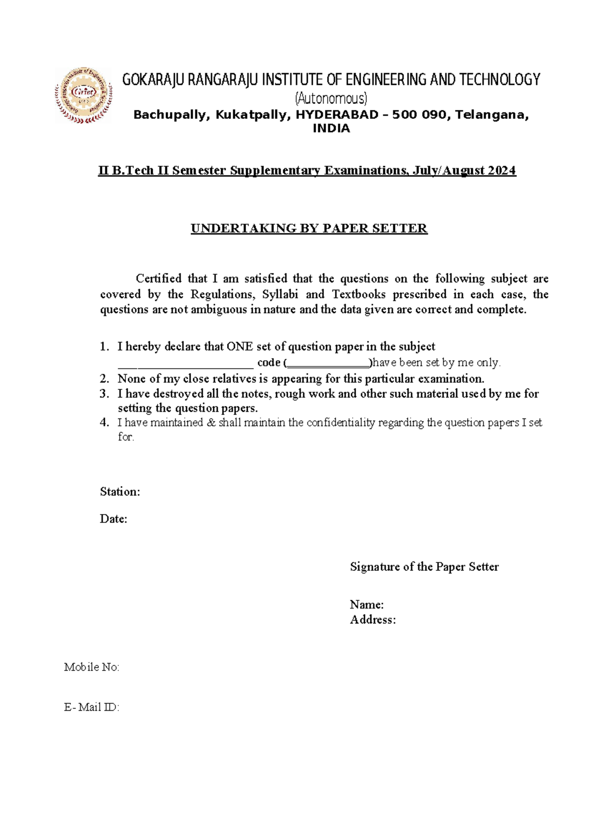 4 Undertaking letter sem2 one set - GOKARAJU RANGARAJU INSTITUTE OF ...