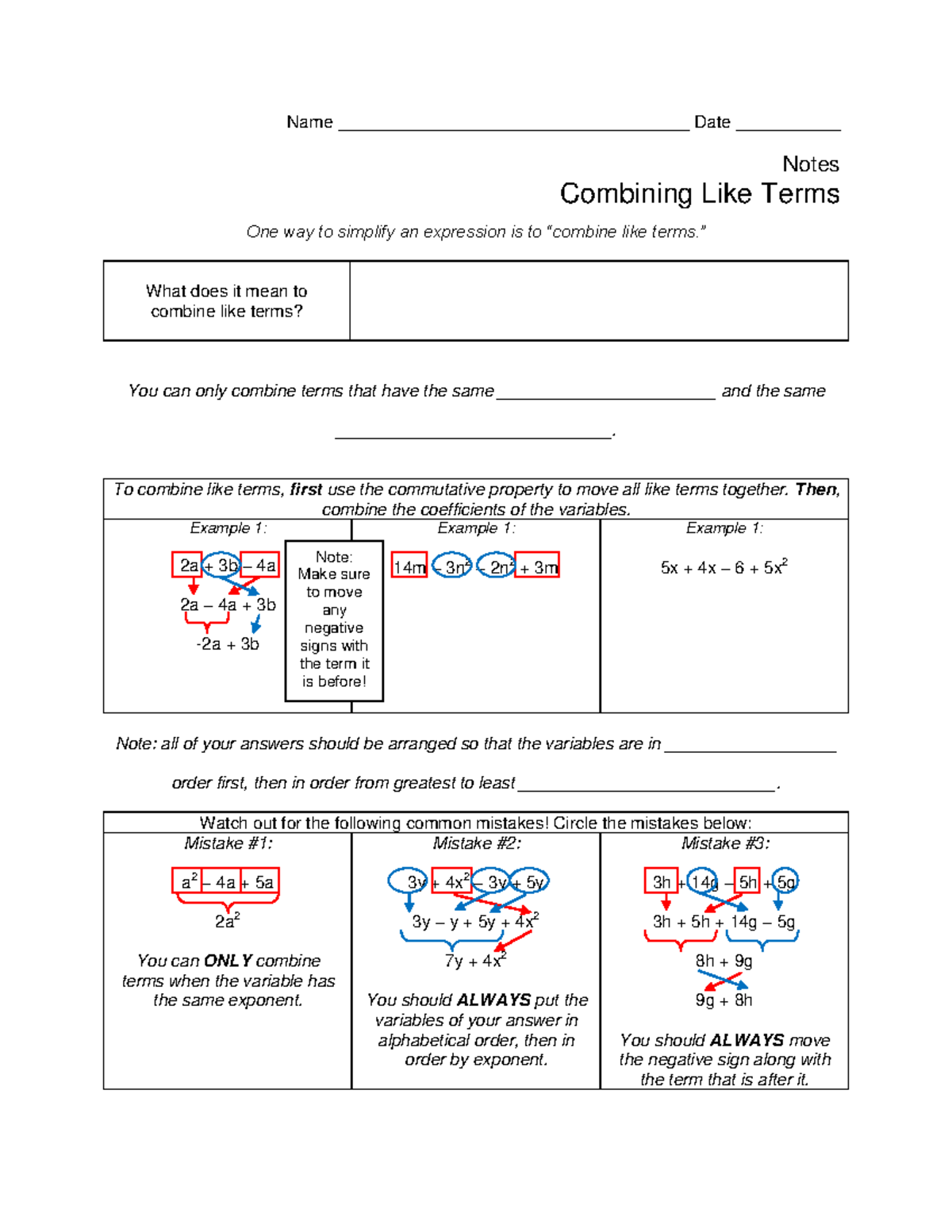 8-15c Combining Like Terms Activity Bundle - Notes Combining Like Terms ...