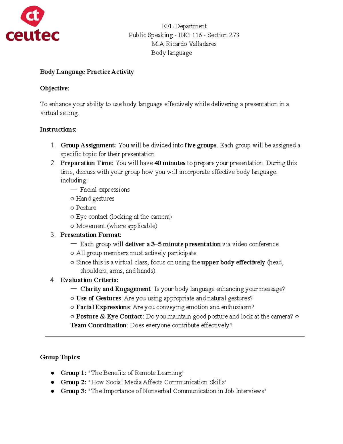 Body Language Practice Activity - EFL Department Public Speaking - ING ...