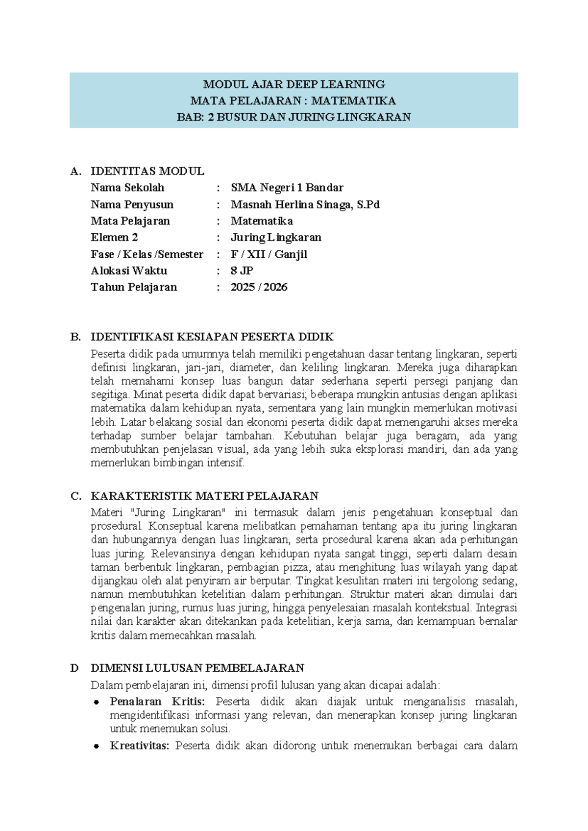Modul Ajar Deep Learning: Matematika Bab 2 - Juring Lingkaran - Studocu