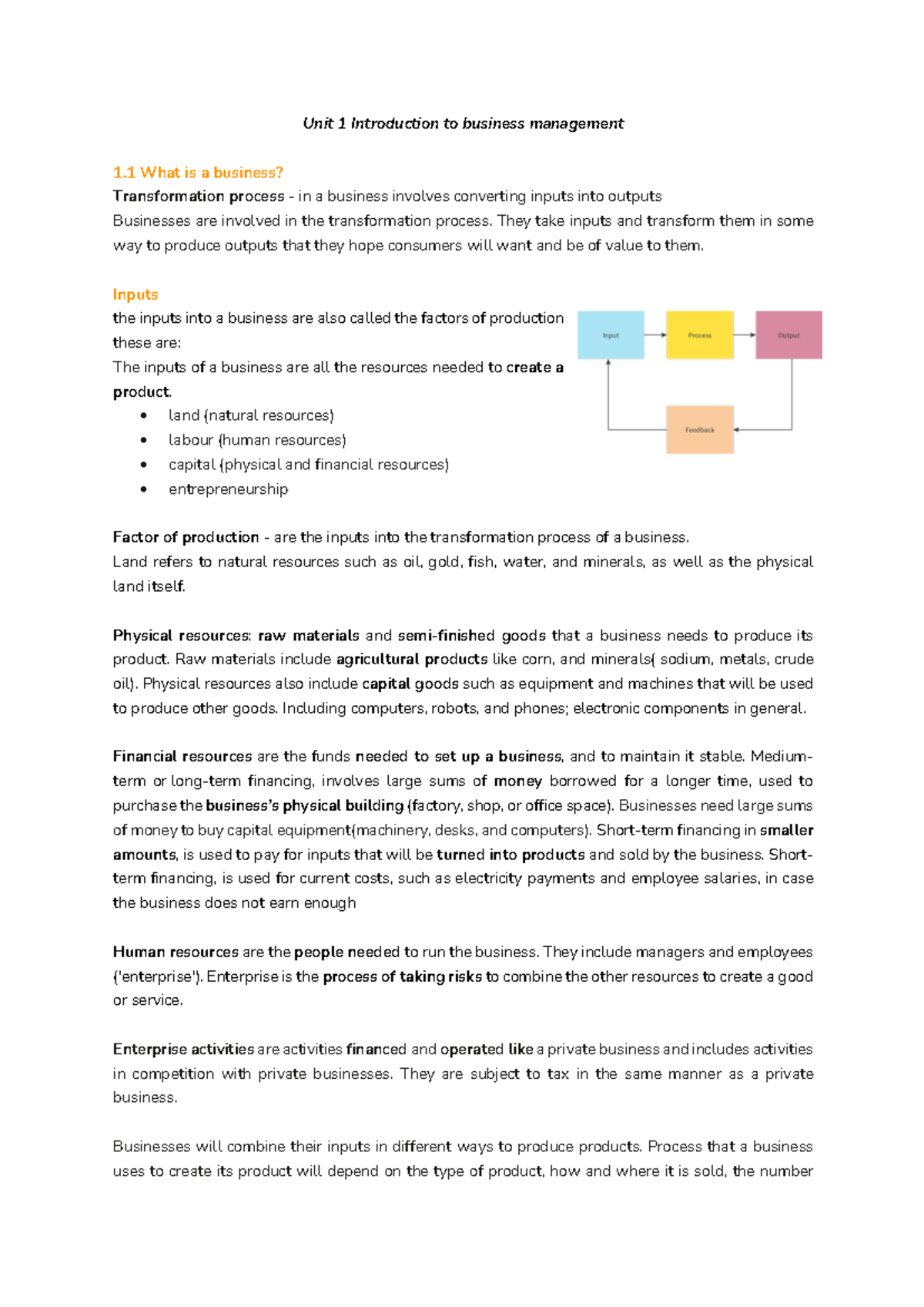 Business Managment IB - Unit 1 - Unit 1 Introduction to business ...