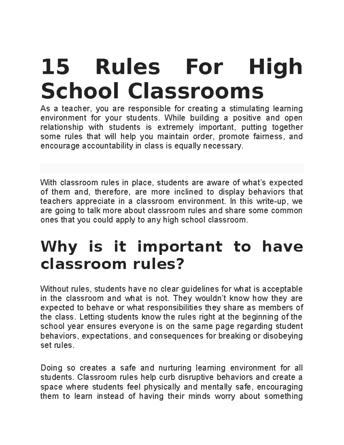 Top 15 Classroom Rules for High School Teachers & Students - Studocu