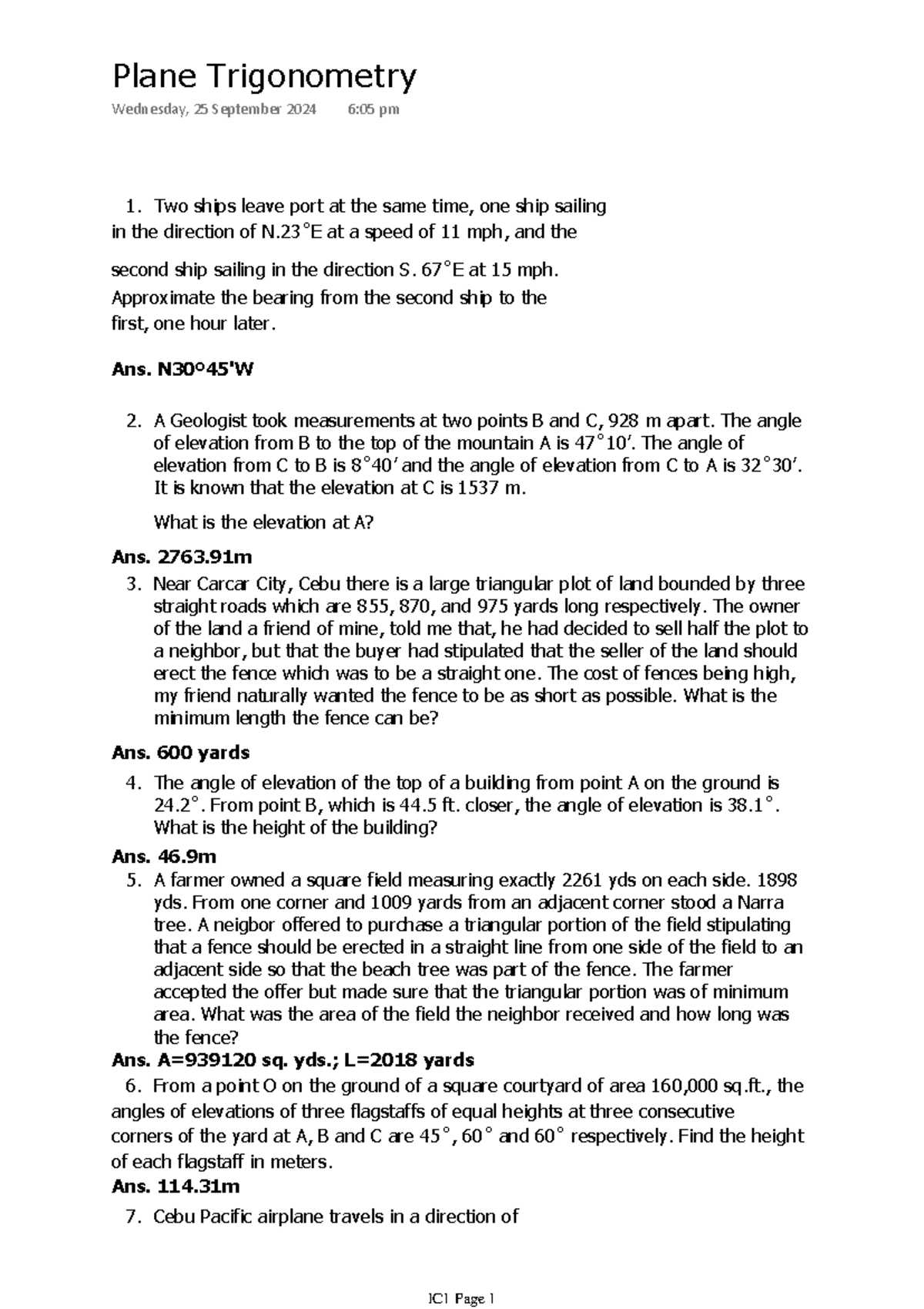 Plane Trigonometry - Summary of Key Concepts and Problems - Studocu