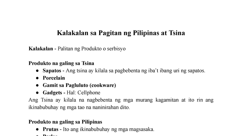 Kalakalan sa Pilipinas at Tsina: Mga Benepisyo at Hamon (LP) - Studocu