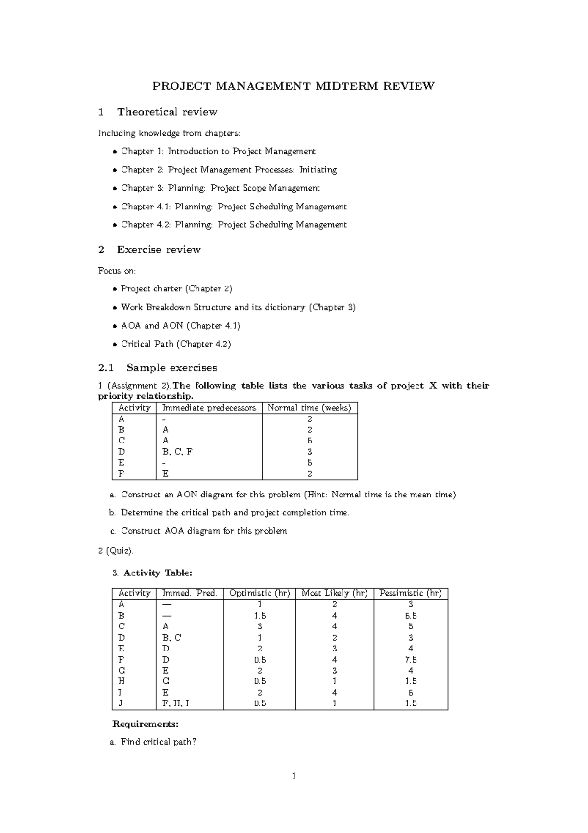 PROJECT MANAGEMENT MIDTERM REVIEW: Key Concepts & Exercises - Studocu