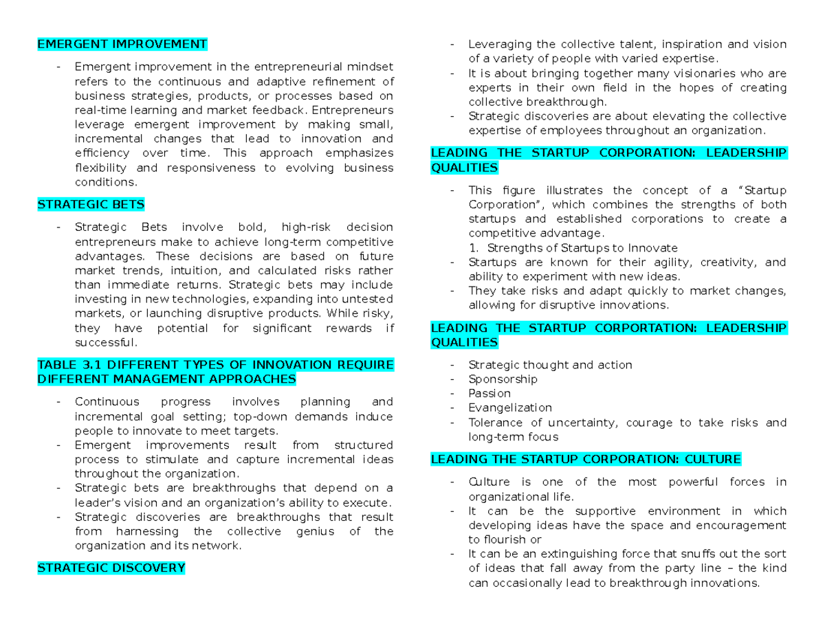 Entrep Notes Start WEEK 3 - EMERGENT IMPROVEMENT Emergent improvement ...