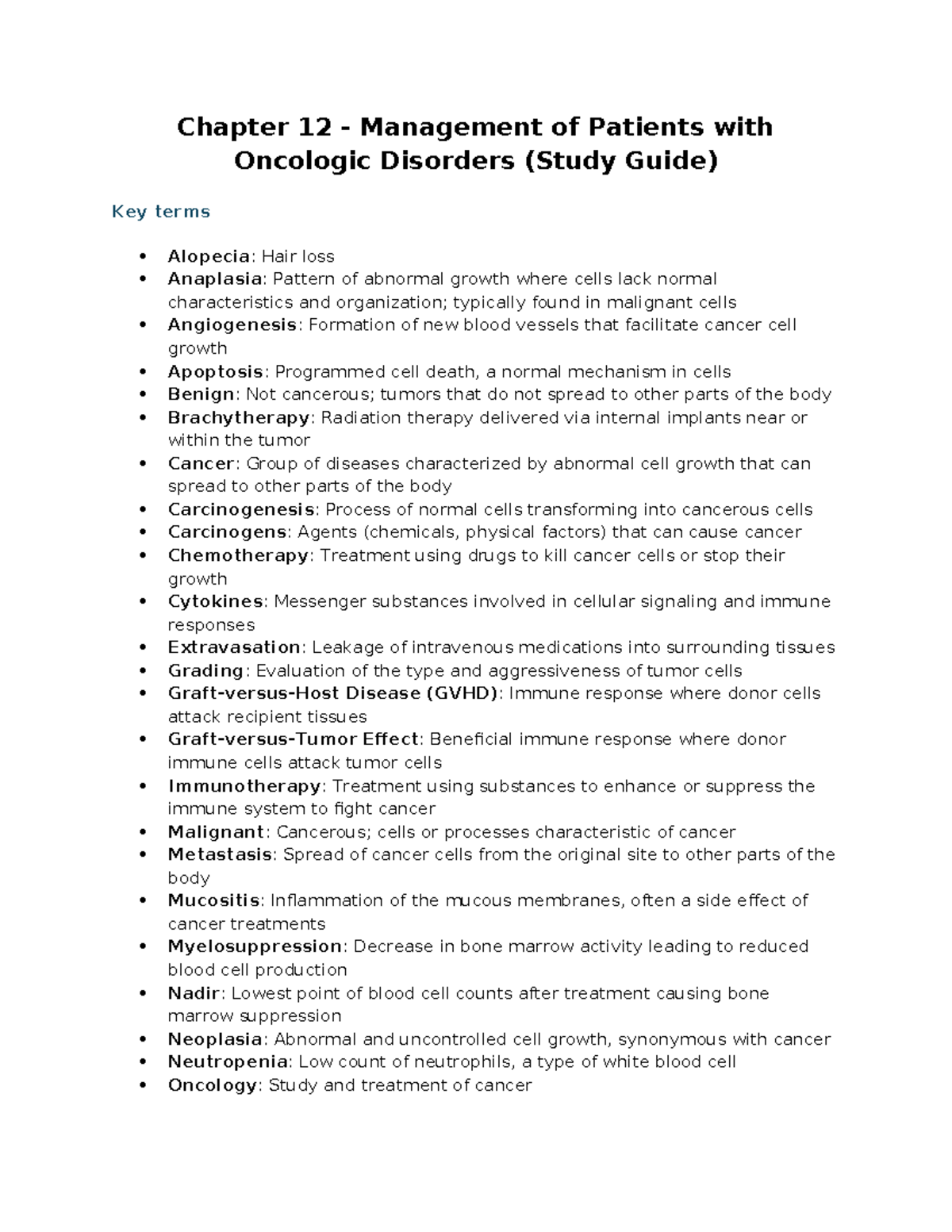 Chapter 12 Study Guide: Management of Patients with Oncologic Disorders ...