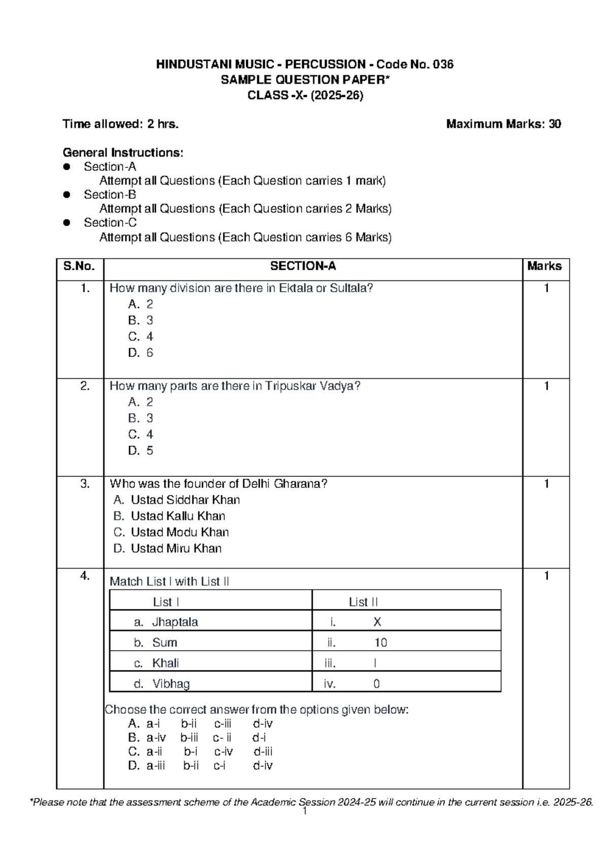 Hindustani Music Percussion - Sample Question Paper (Code No. 036 ...