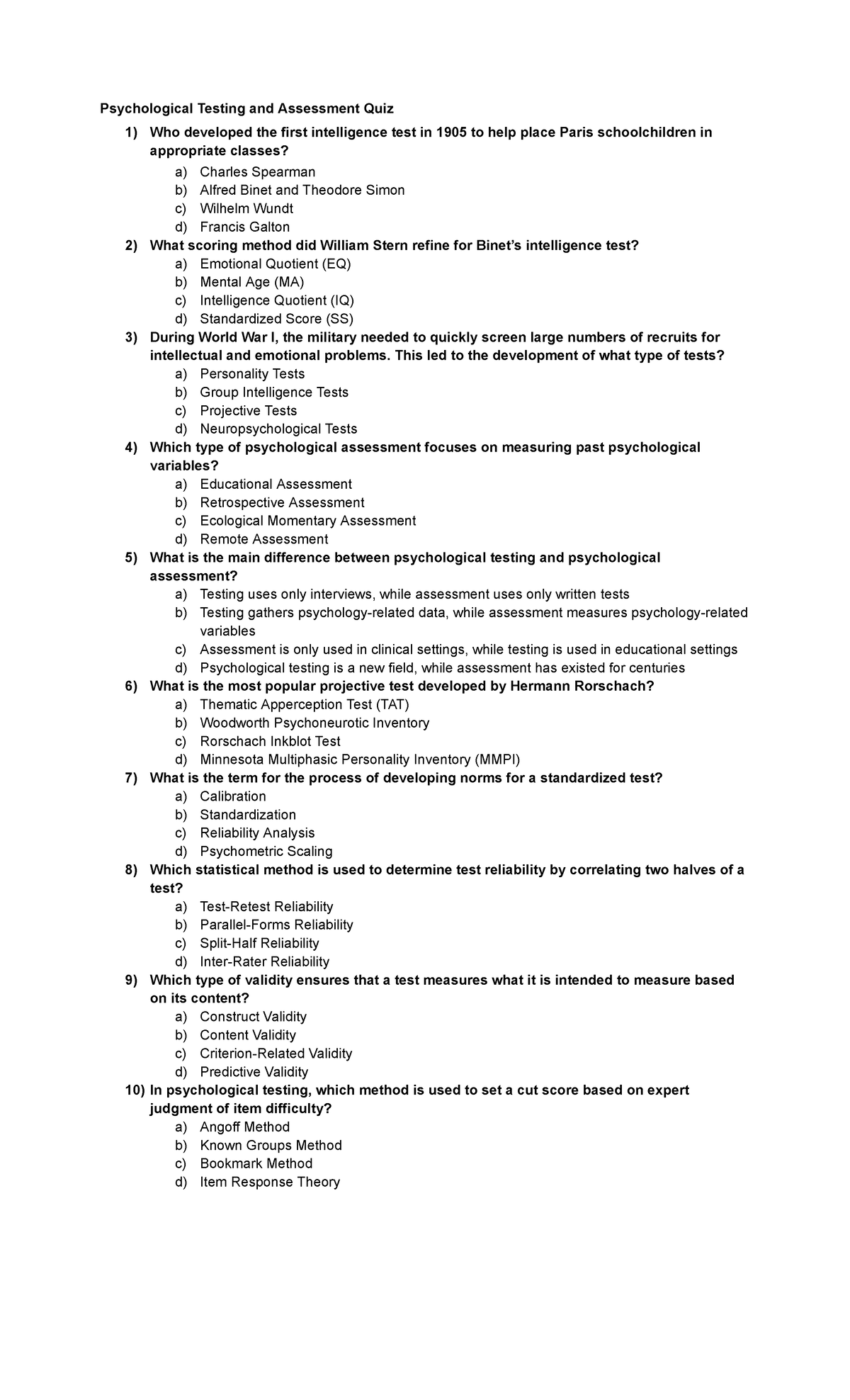 Psychological Testing and Assessment Quiz - This led to the development ...