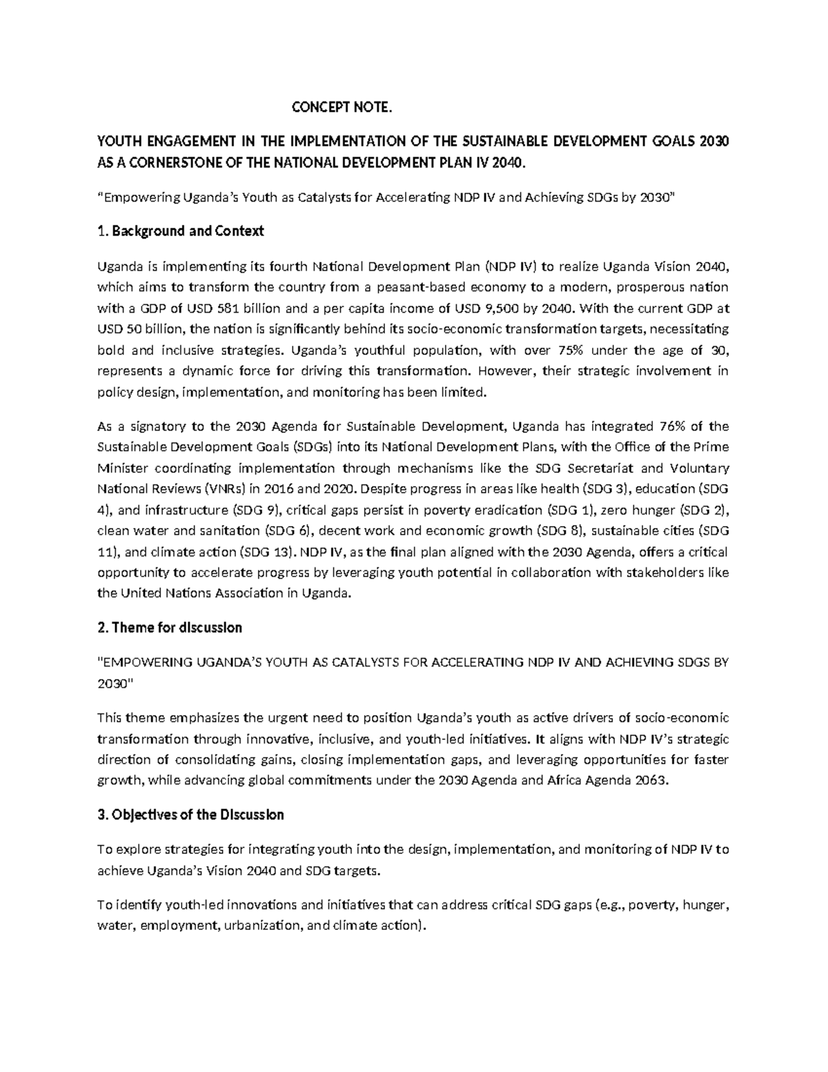 Concept Note: Youth Engagement in NDP IV & SDGs 2030 Implementation ...