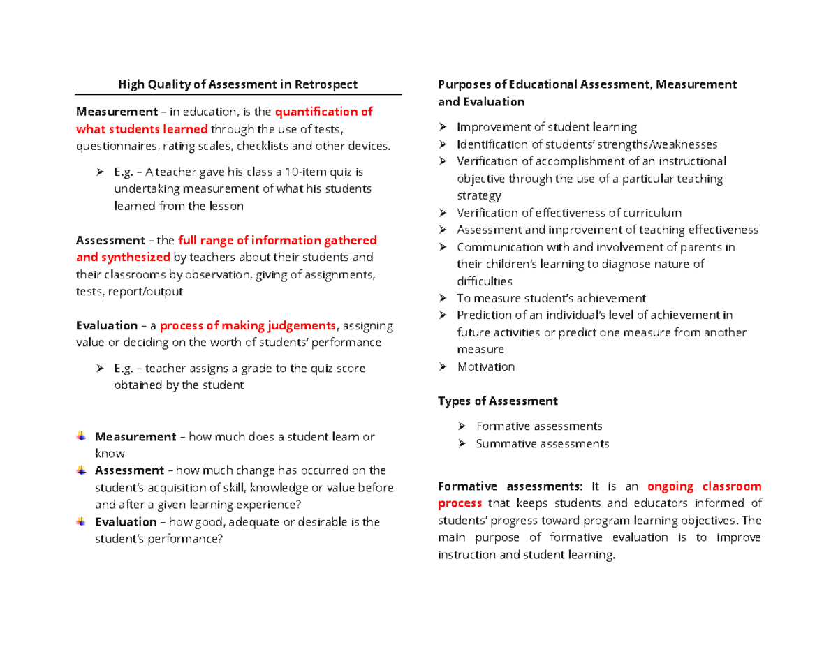 Assessing Quality in Education: Measurement, Evaluation & Methods - Studocu