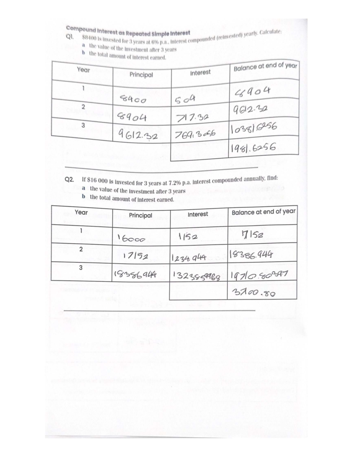 Compound Interest as Repeated Simple Interest - Q1 & Q2 Calculations ...