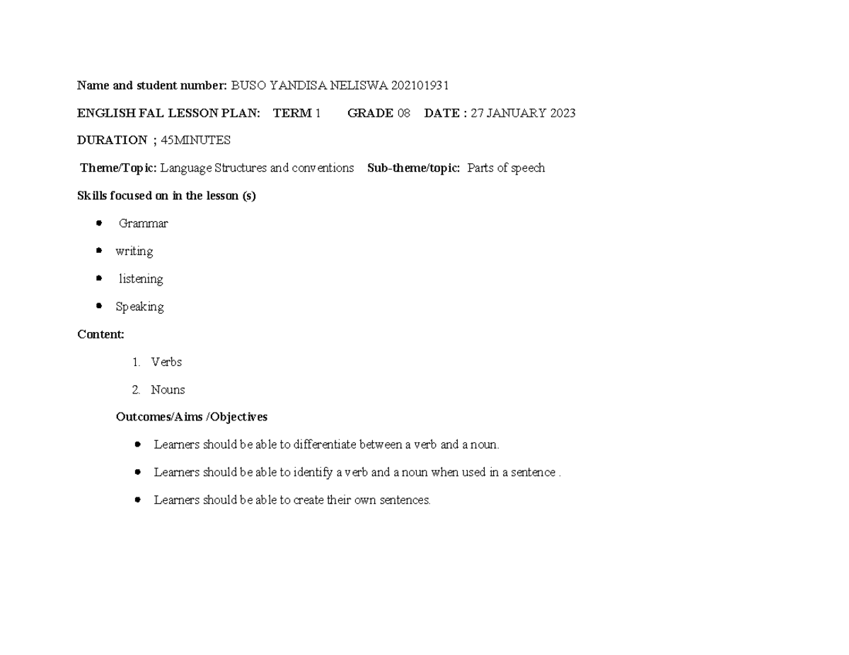 Grade 8 English FAL Lesson Plan: Language Structures (Jan 27, 2023 ...