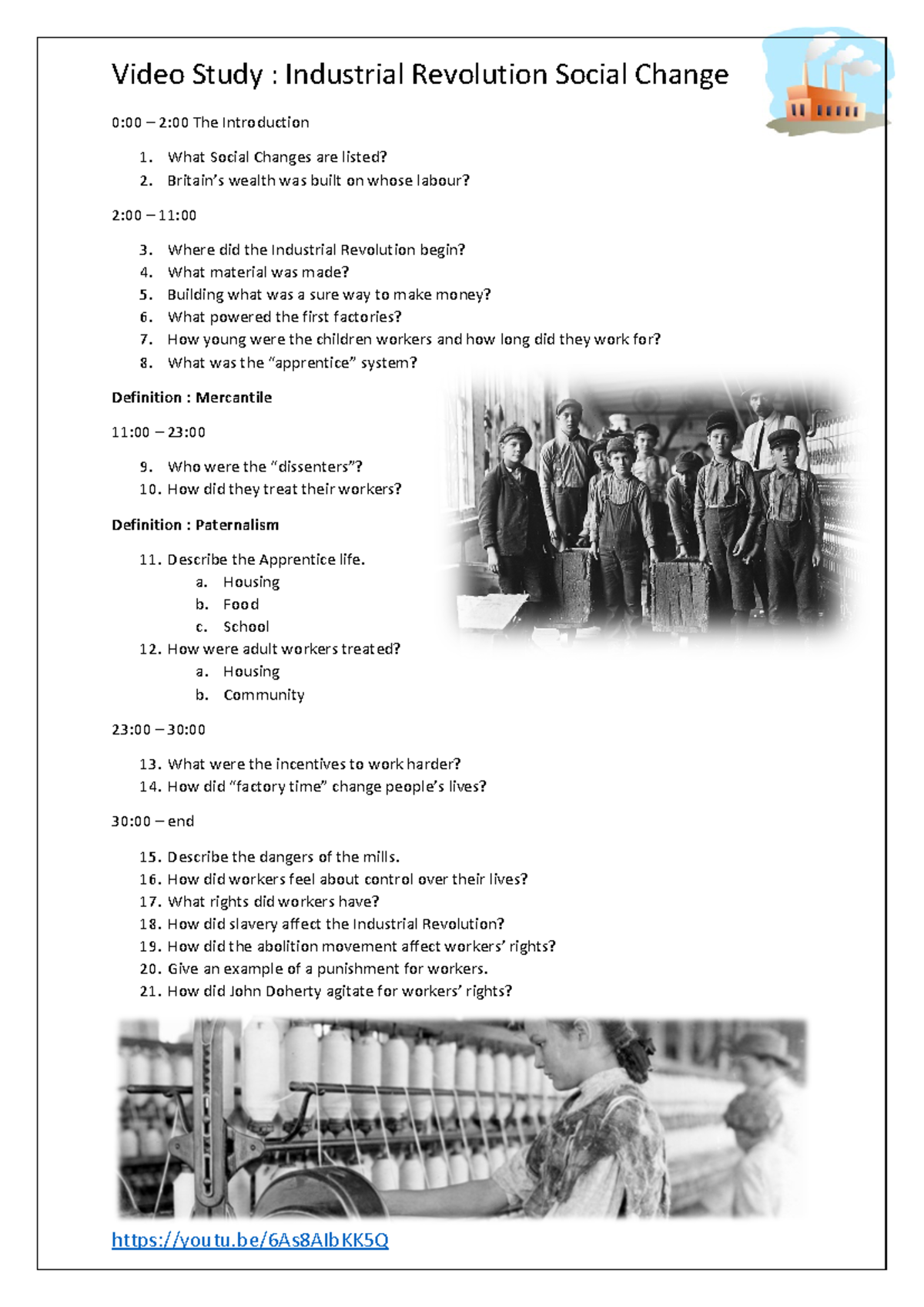 video worksheet- ins review is - Video Study : Industrial Revolution ...