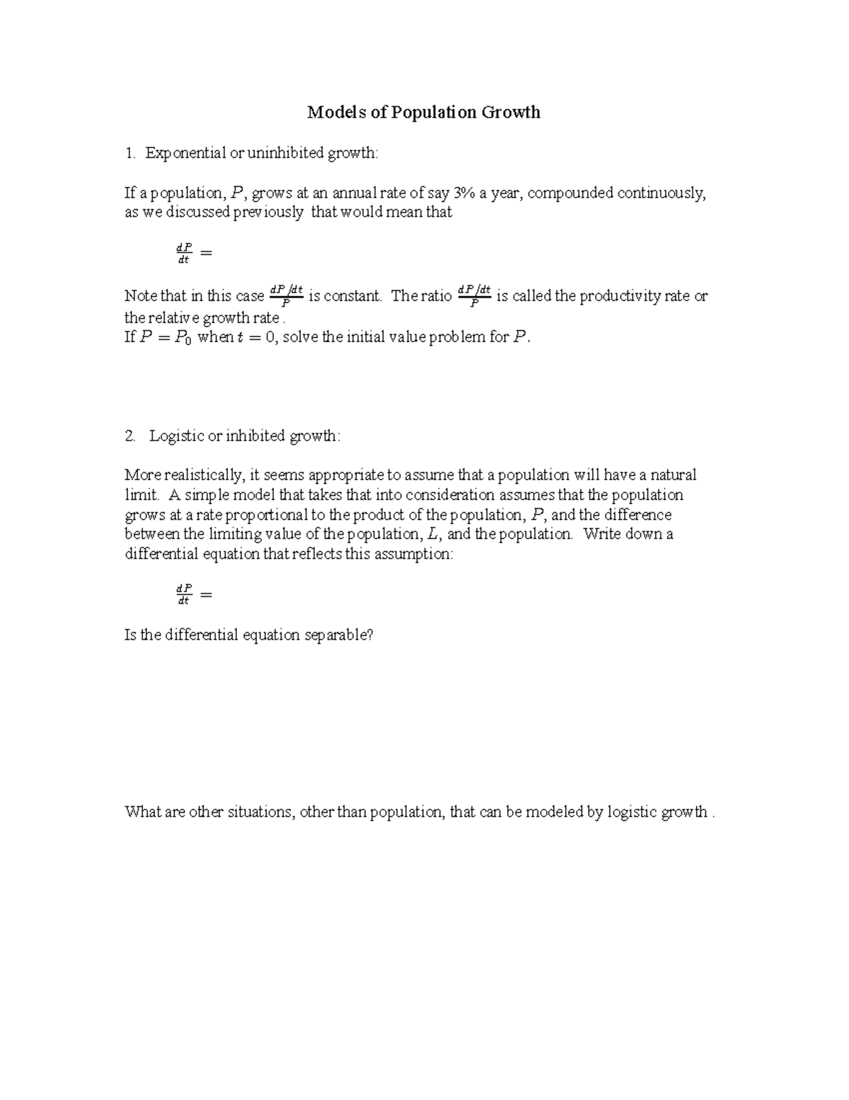 Popmodels - Math lesson overview - Poulation Models - Models of ...