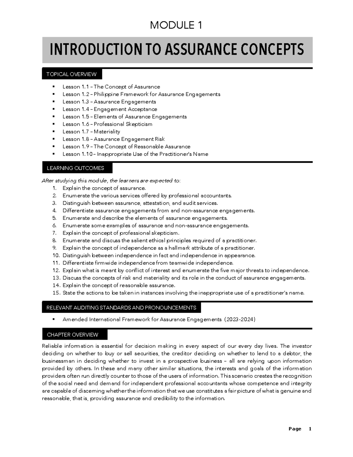 Module 01 - Introduction to Assurance Concepts: Key Lessons and Framework - Studocu
