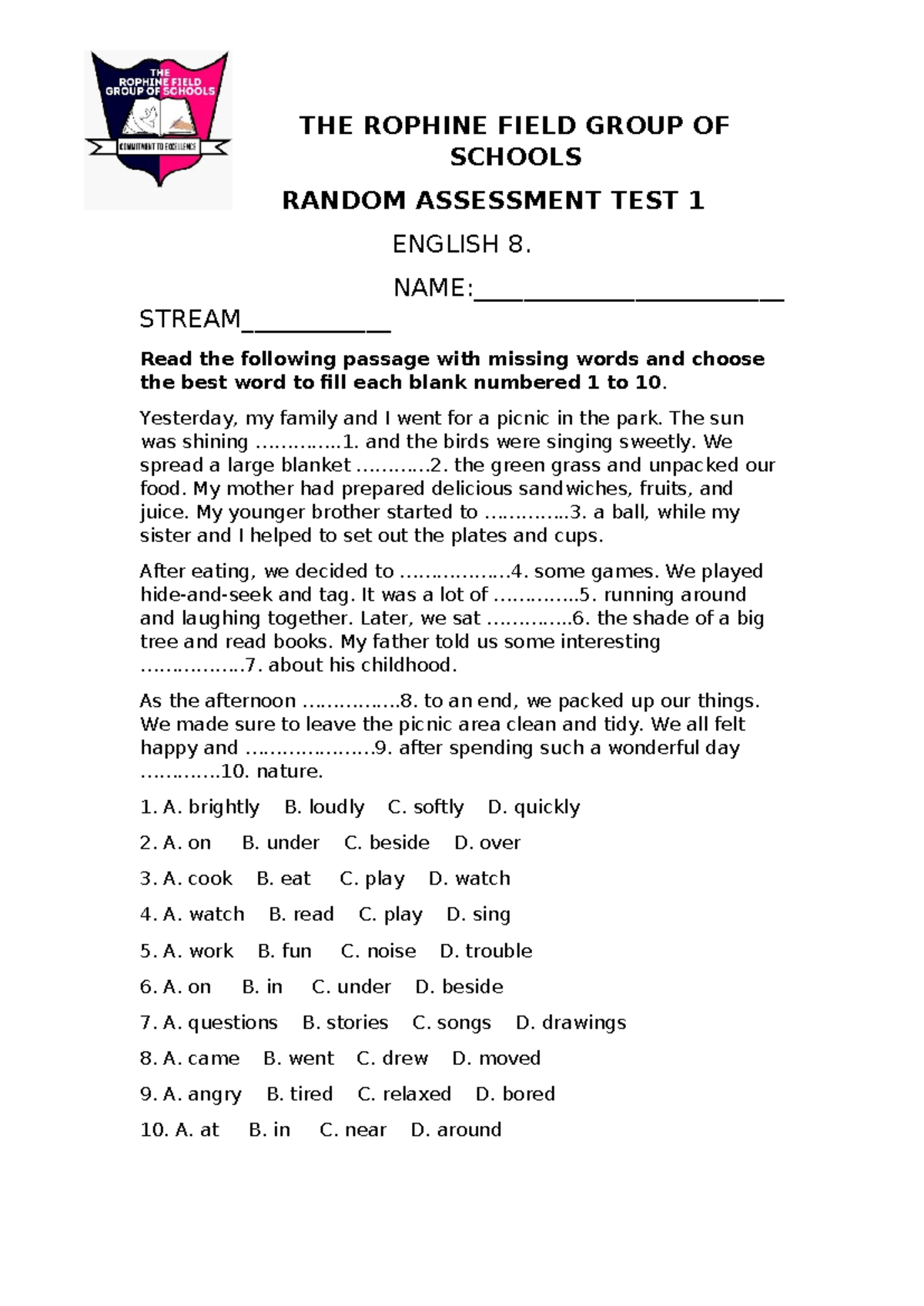 ENG 8 Random Assessment Test 1 - Fill in the Blanks Exercise - Studocu