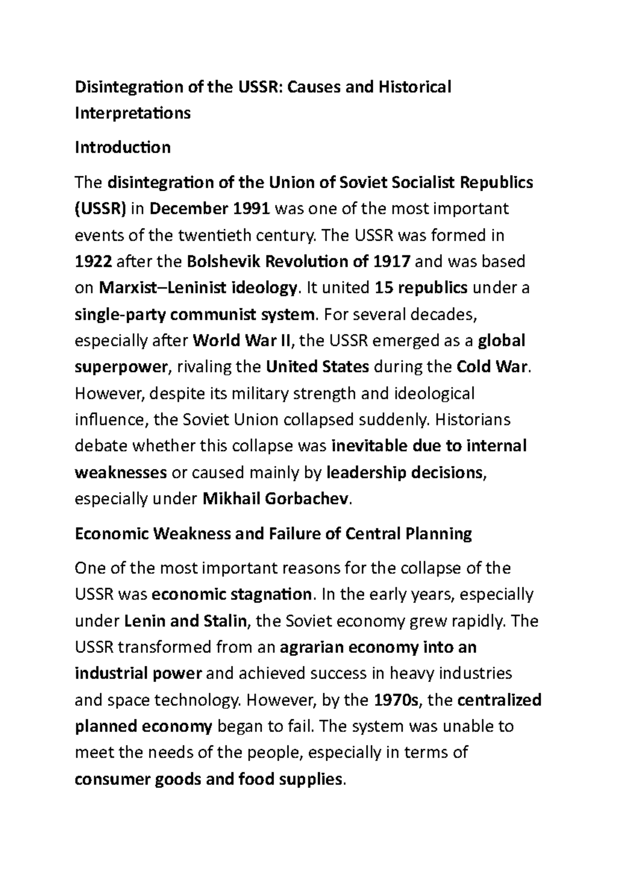 Disintegration of the USSR: Causes & Interpretations (HIST 101) - Studocu