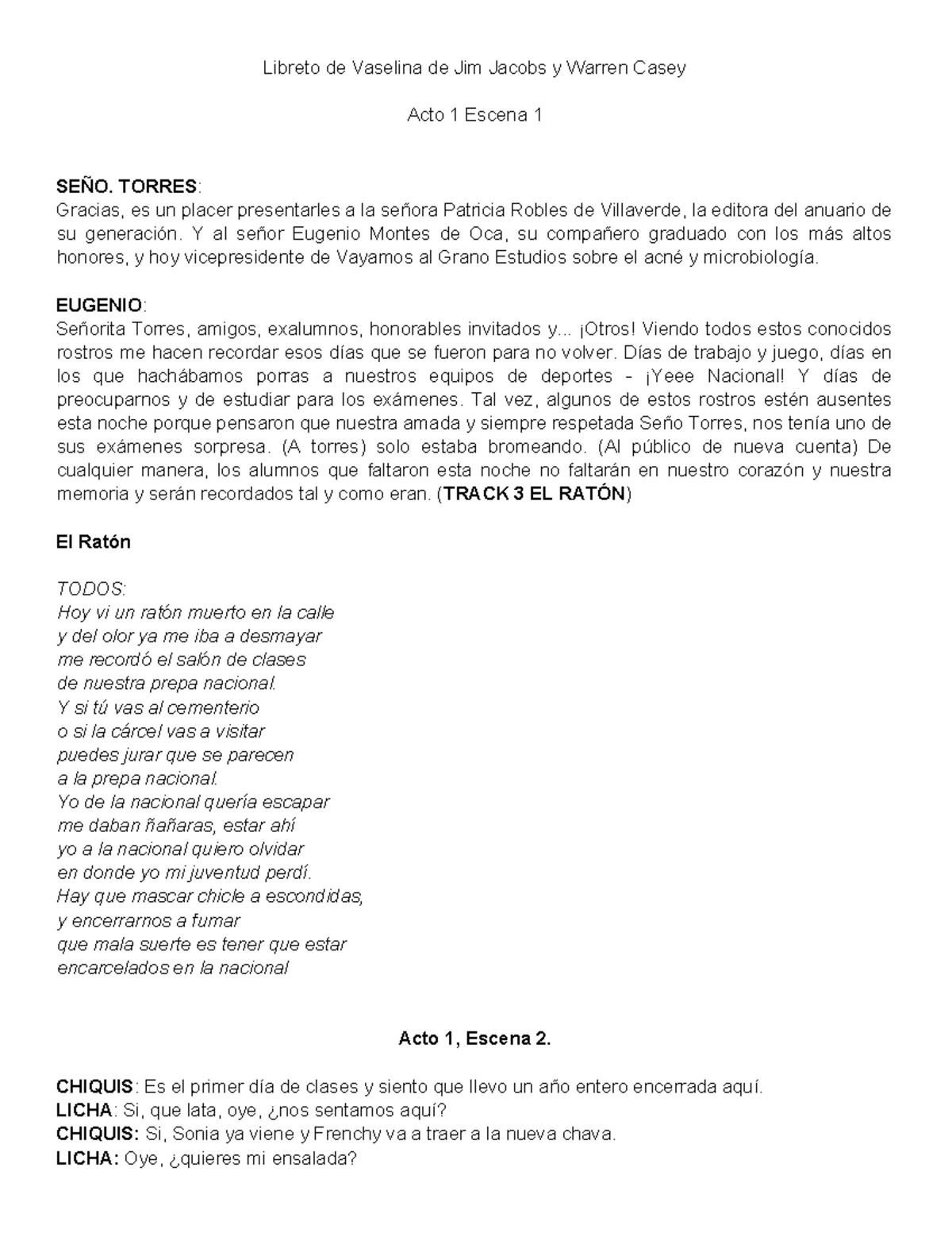 Vaselina 2026 - Libreto Teatral Acto 1 Escenas 1 a 7 - Studocu