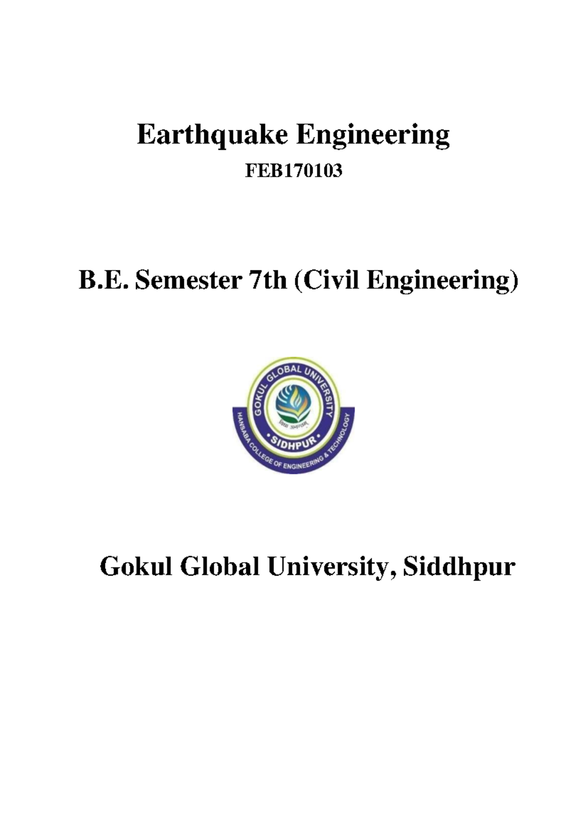 Earthquake Engineering FEB170103 Assignment Tutorials for B.E. Semester 7 - Studocu