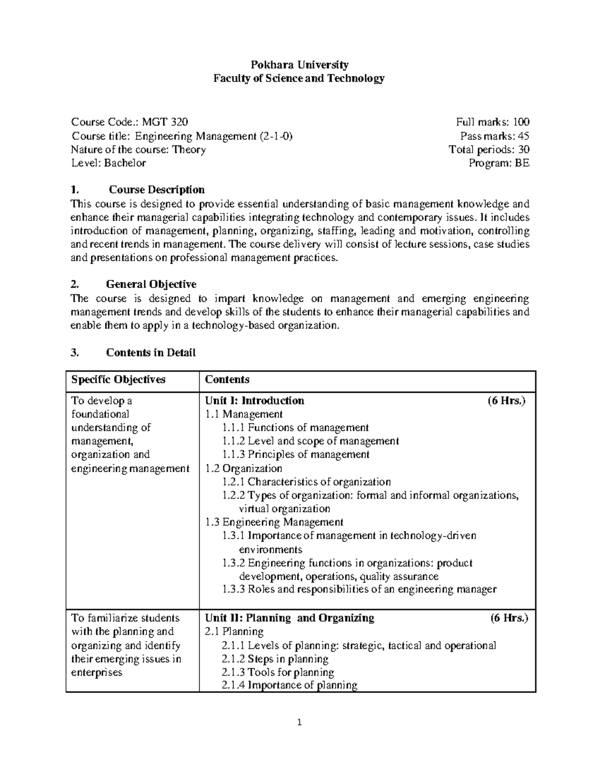 MGT 320 Engineering Management Syllabus - Pokhara University - Studocu