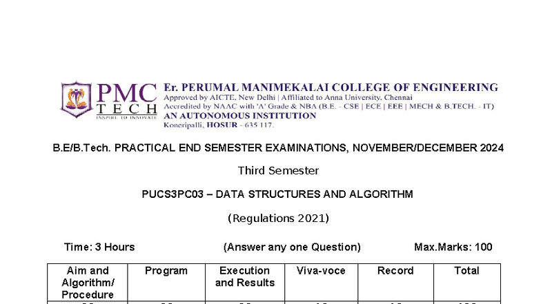 PRACTICAL END SEMESTER EXAM: PUCS3PC03 DATA STRUCTURES & ALGORITHMS ...