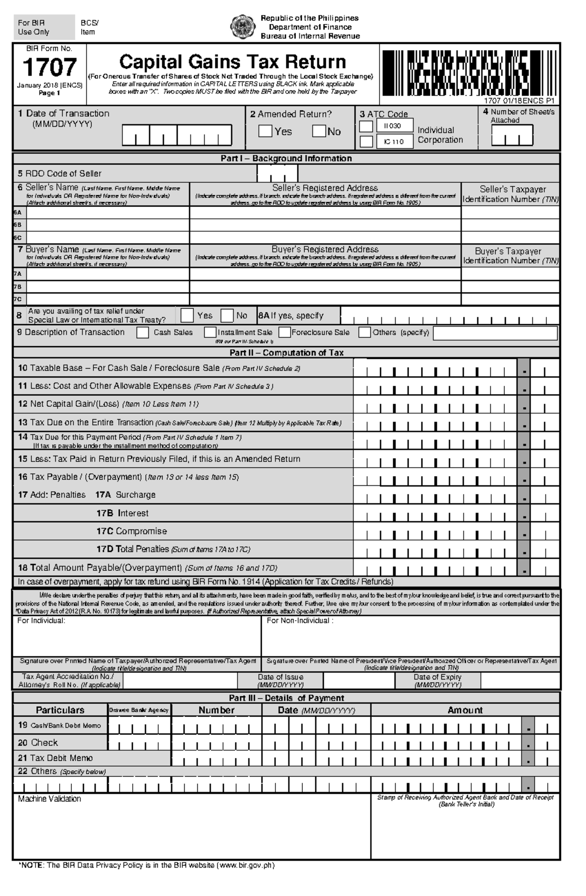 1707 CGT Return for Onerous Transfer of Shares - January 2018 - Studocu