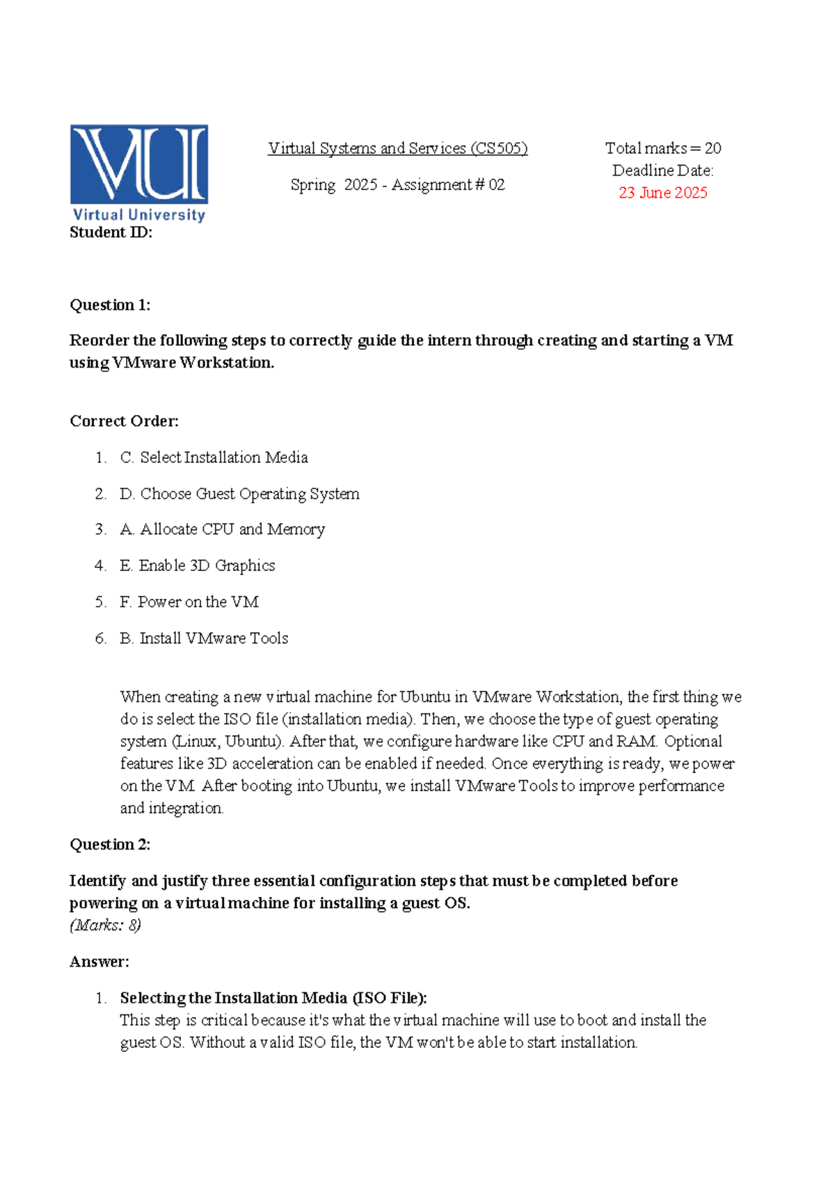 Spring 2025 CS505 Assignment 02: Creating & Starting a VM Guide - Studocu