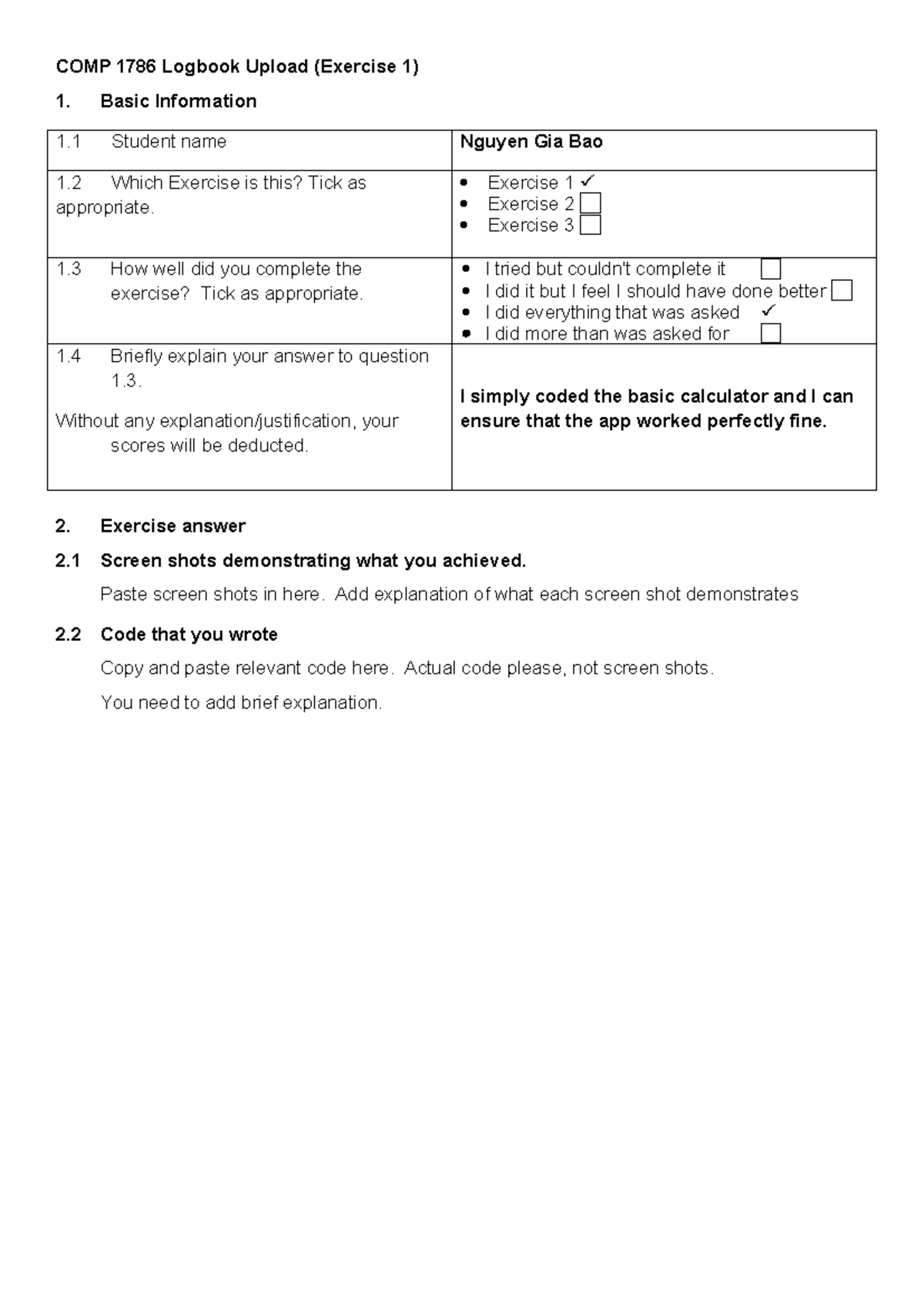 COMP 1786 Logbook 1: Basic Calculator Exercise Submission - Studocu