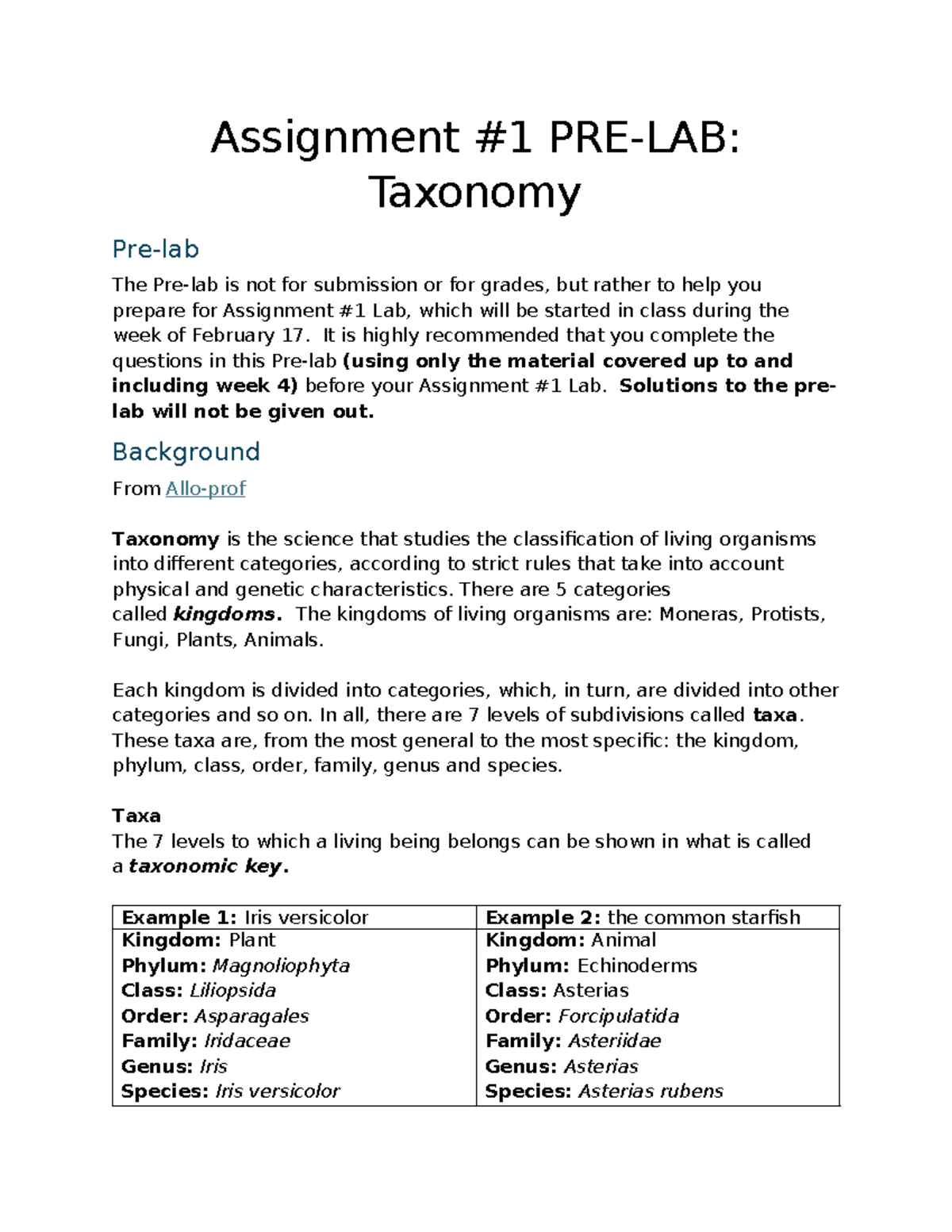 Assign 1 prelab W25 1 - ygulkgh - Assignment #1 PRE-LAB: Taxonomy Pre-lab The Pre-lab is not for ...