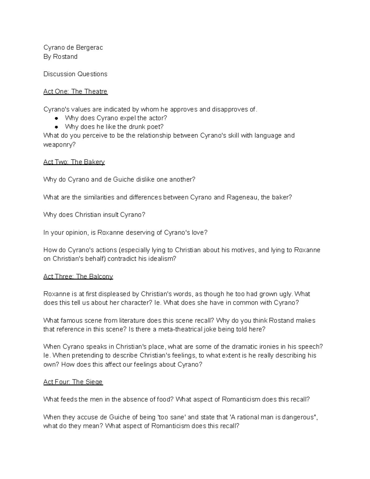 Cyrano de Bergerac (ENG 101) - Act 1-4 Discussion Questions - Studocu