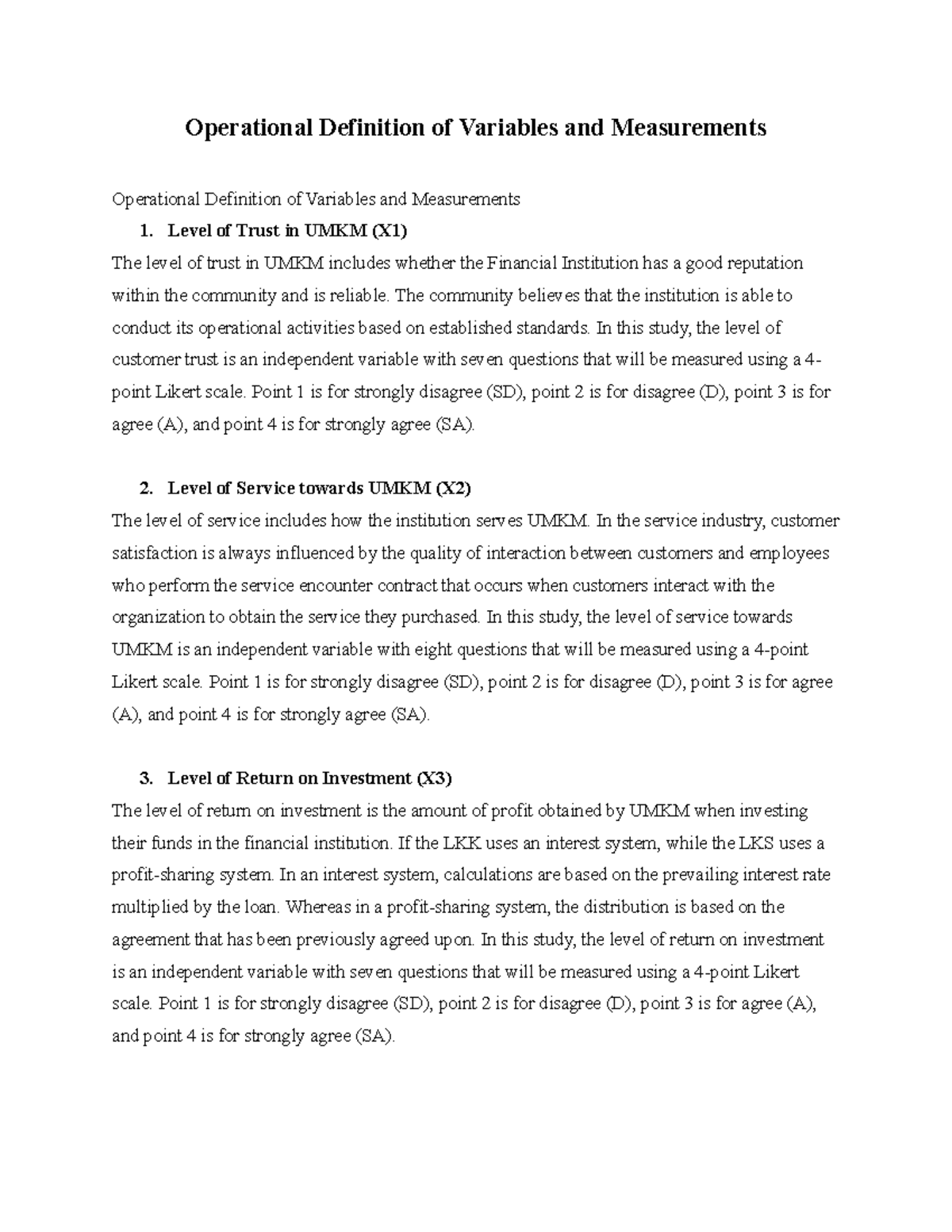 Operational Definitions of Variables in UMKM Research Study - Studocu