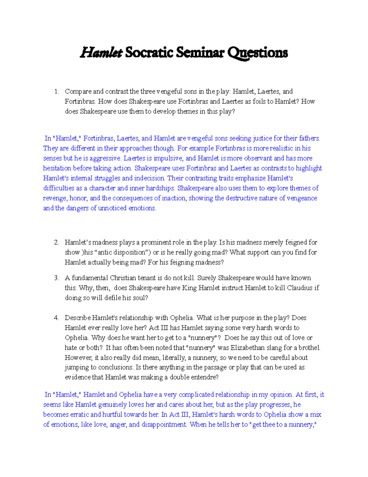 Hamlet Socratic Seminar Questions (ENG 2024) - Analysis & Discussion ...