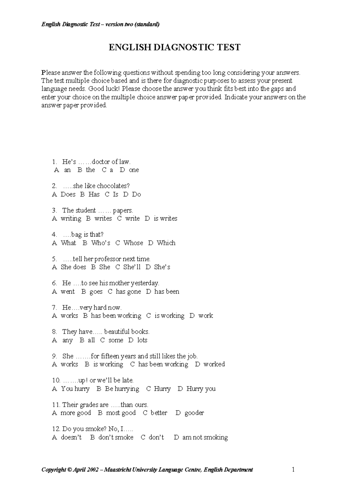 English Diagnostic Test Version 2 (Standard) - Assessment of Language ...