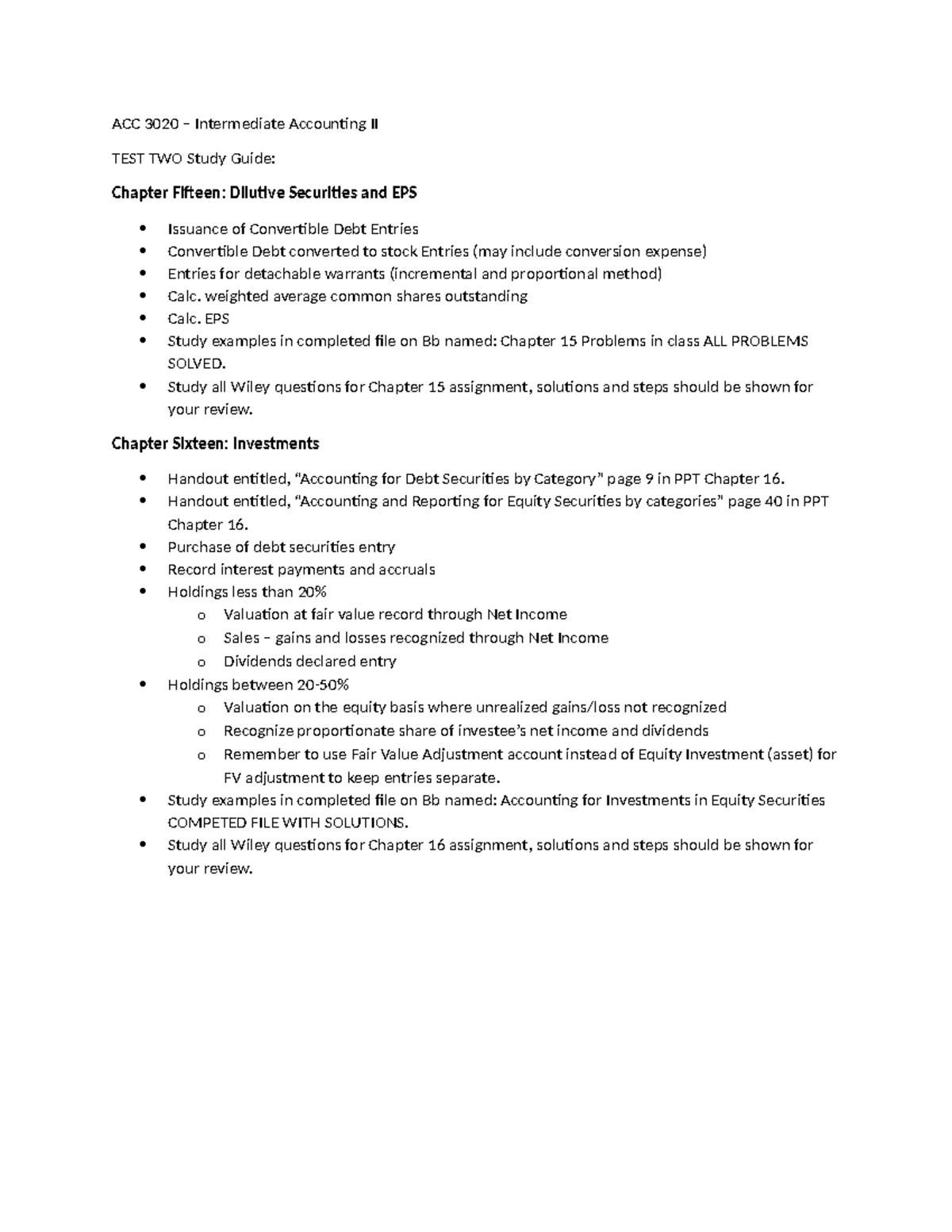 ACC 3020 – Intermediate Accounting II Test Two Study Guide: Ch. 15 & 16 ...