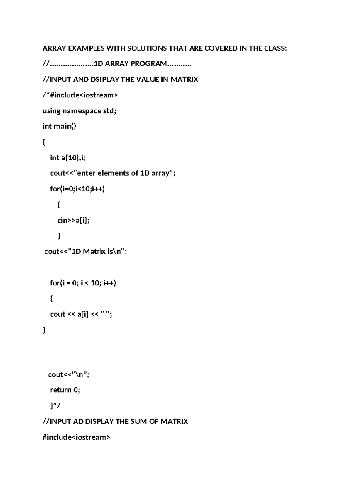 Array Examples and Solutions for Programming Assignments in CS101 - Studocu
